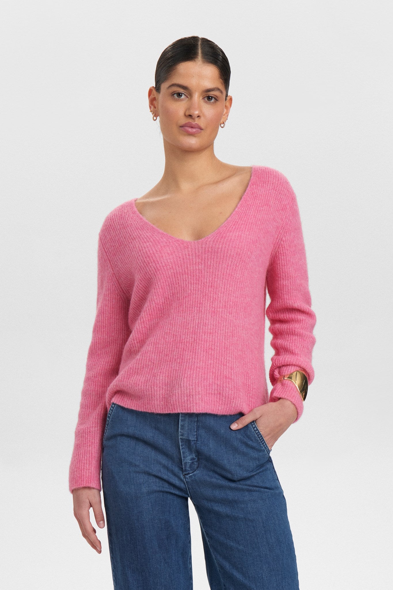 NURIETTE RIB V-NECK PULLOVER - Pink Cosmos